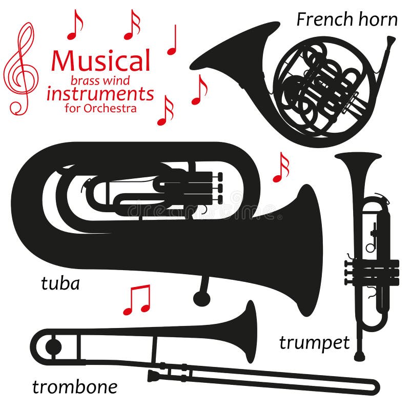 Set of Silhouette Icons. Musical Brass Wind Instruments for Orchestra ...