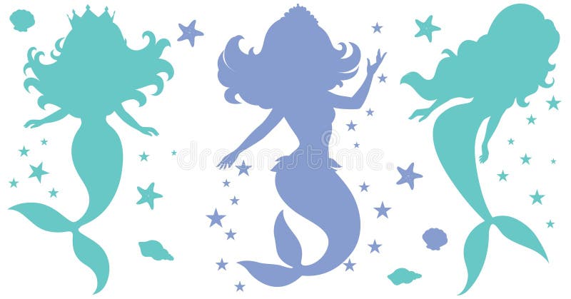 Set of Silhouette of Swimming Mermaids, Shells and Starfish Vector ...