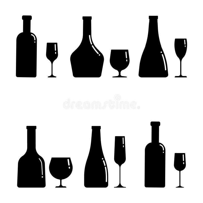 A Set of Silhouettes of Alcohol Bottles and Glasses of Different Shapes ...