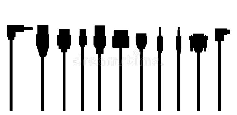 Set of Silhouettes of Cable Wire Computer, Connector Usb and Audio ...