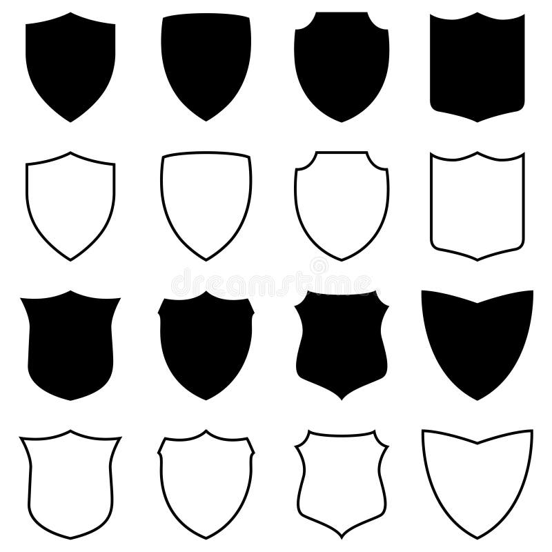 Set of Silhouettes and Outlines of Shields, Vector Illustration Stock ...