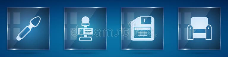 Set Silver Spoon, Microphone, Floppy Disk and Armchair. Square Glass ...