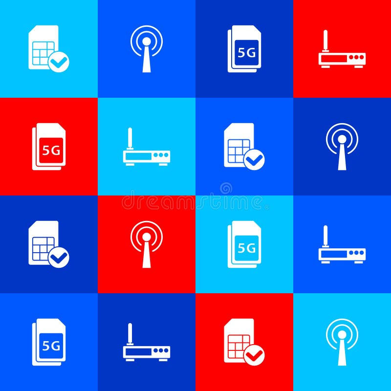 Set Sim Card, Antenna, 5G Card and Router and Wi-fi Signal Icon. Vector ...