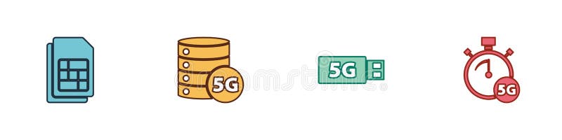 Set Sim Card, Server 5G Network, Modem and Digital Speed Meter Icon ...