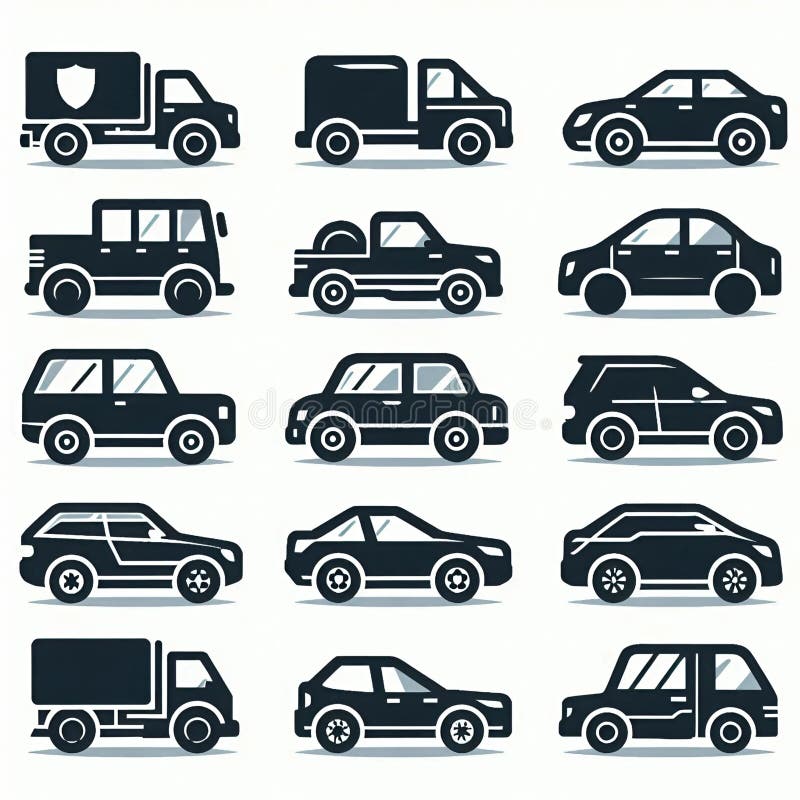 Set of Simple Black Car Icons in Flat Vector Style Stock Illustration ...