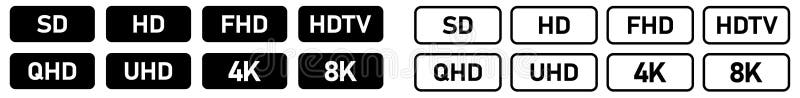 Set of Simple Black and White Video or Display Resolution Icons - Text ...