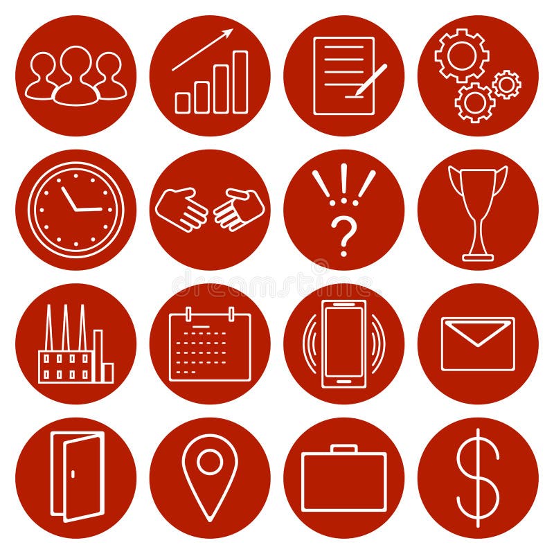 Set of Simple Flat Icons. White Outline on a Red Round Background Stock ...