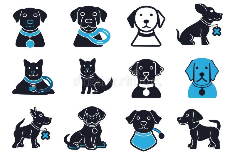Set of Simple Illustrations Featuring Black and Blue Dogs in Various ...