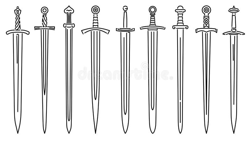 Set of Simple Images of Medieval Long Swords Drawn in Art Line Style ...