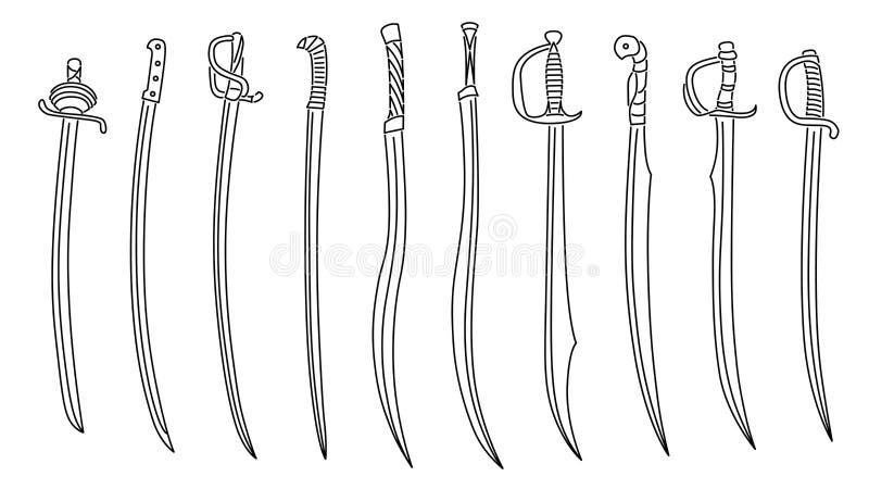 Set of Simple Images of Sabers and Cutlasses Swords Drawn in Art Line ...