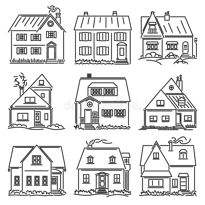 Set of Simple Images of Small Houses Drawn in Art Line Style Stock ...