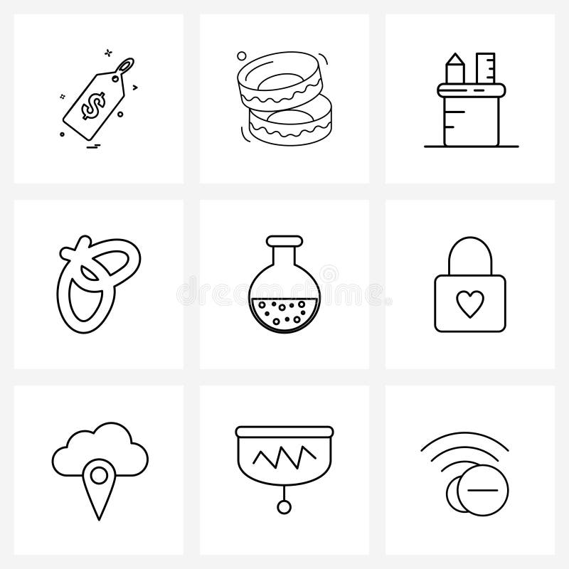 Set of 9 Simple Line Icons of Science, Beaker, Measure, Grilled, Rings ...