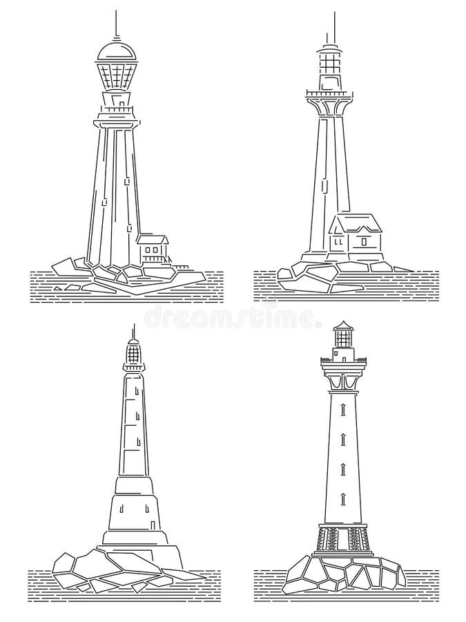 Set of Simple Line Illustrations of Lighthouse on Island. Stock Vector ...