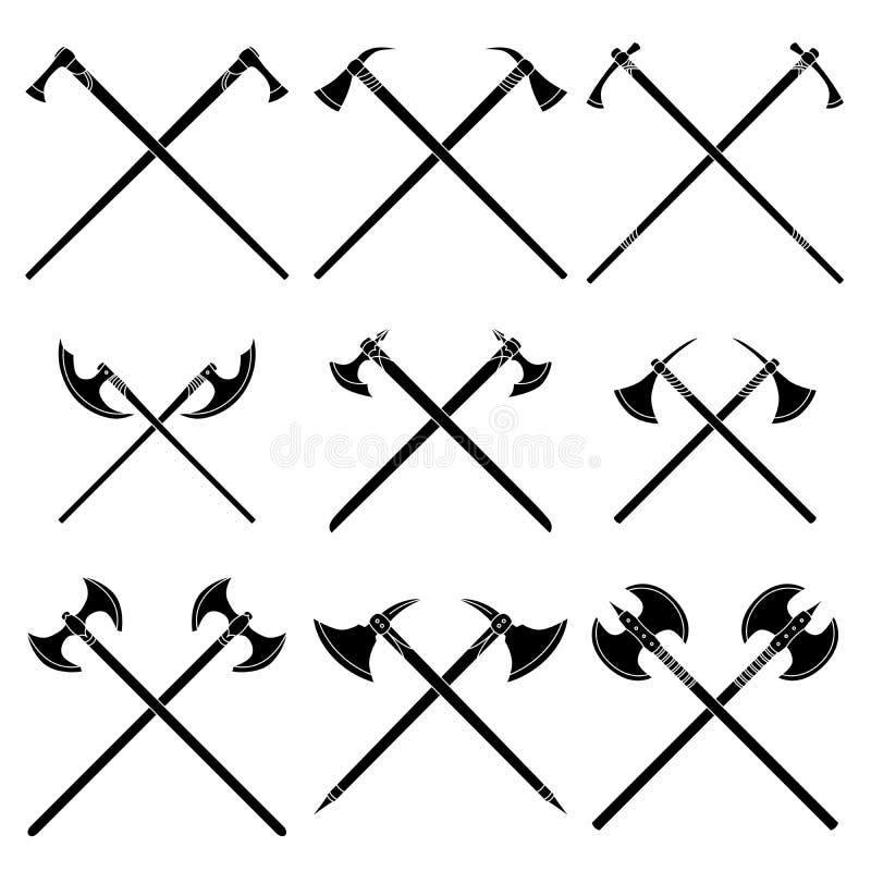 Set of Simple Monochrome Images of Crossed Medieval Axes and Poleaxes ...