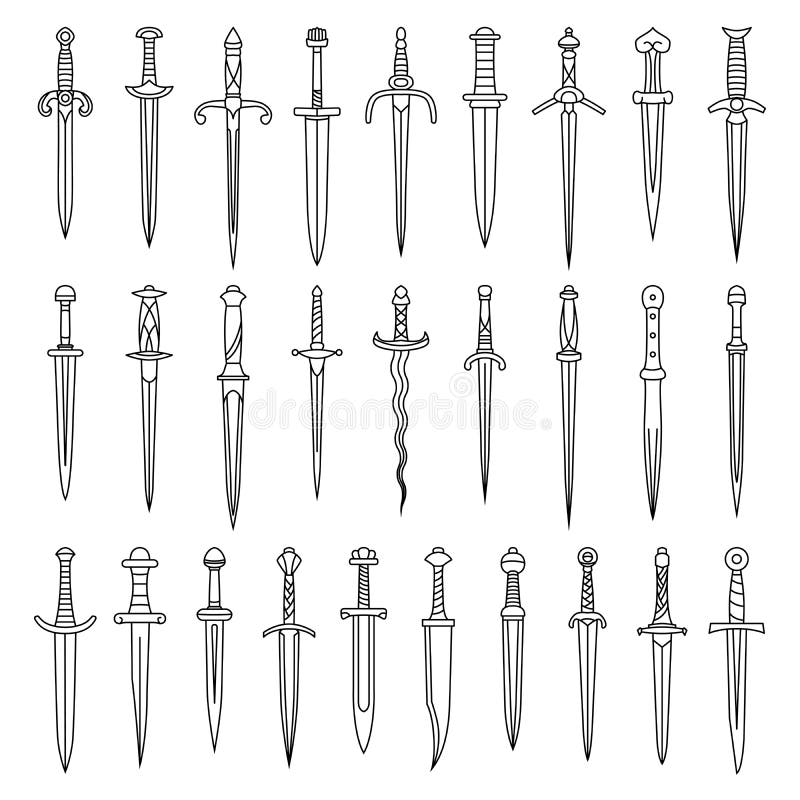 Set of Simple Monochrome Images of Medieval Daggers and Dirks Drawn by ...