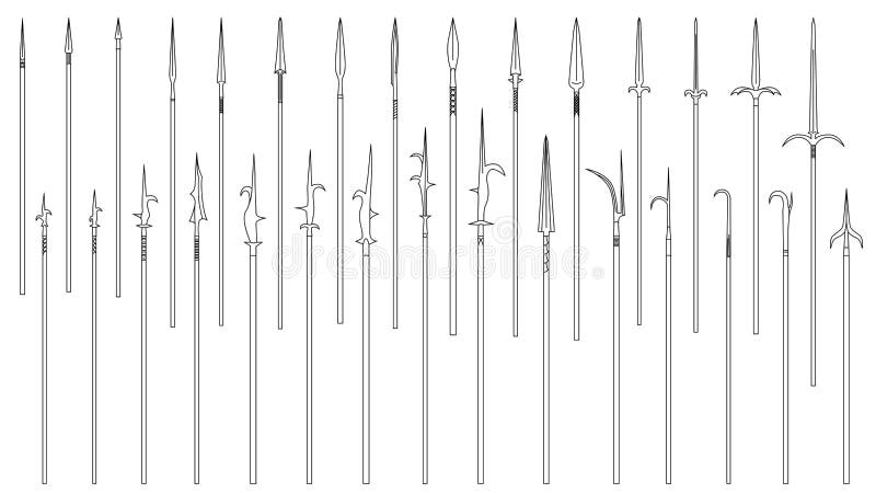 Set of Simple Monochrome Images of Medieval Spears and Halberds Drawn ...