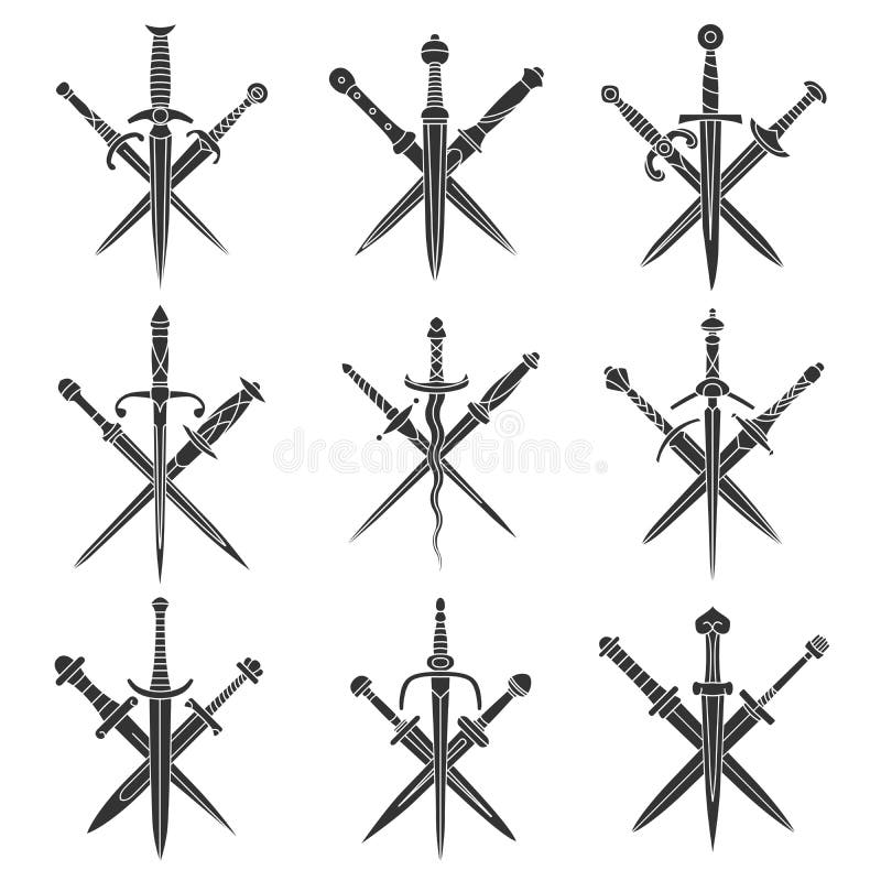 Set of Simple Monochrome Vector Images of Medieval Crossed Dagger Stock ...