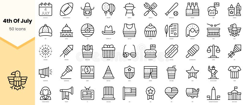 Set of Simple Outline 4th of July Icons. Simple Line Art Style Icons ...