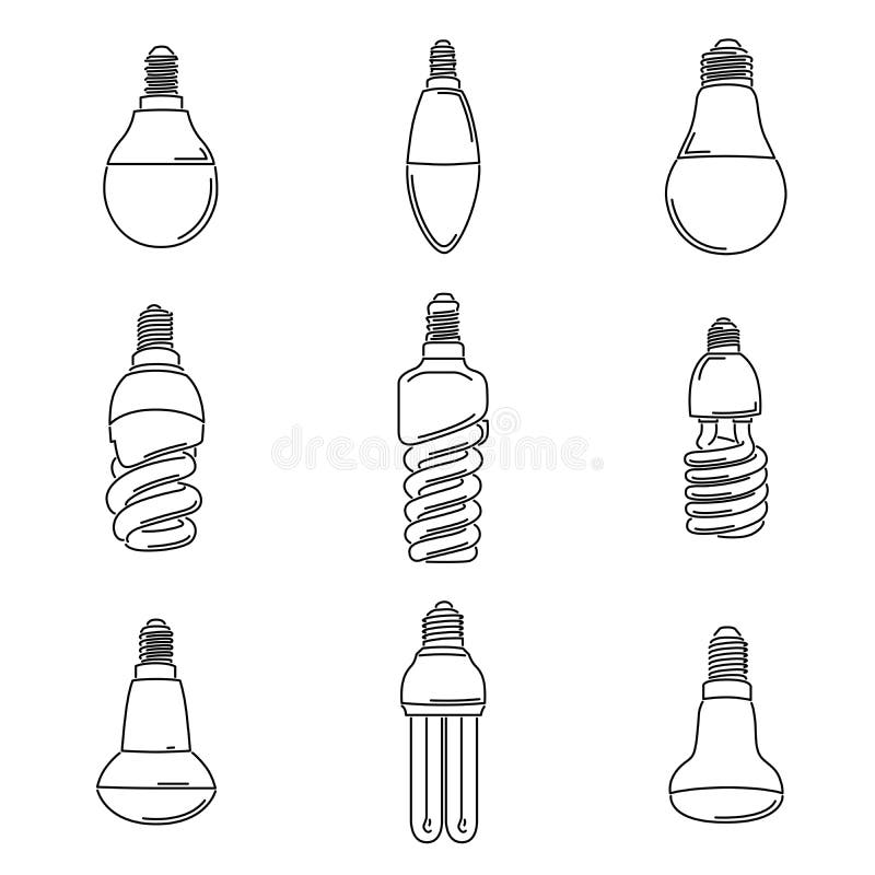 Set of Simple Vector Images of Light Bulb Drawn in Art Line Style ...
