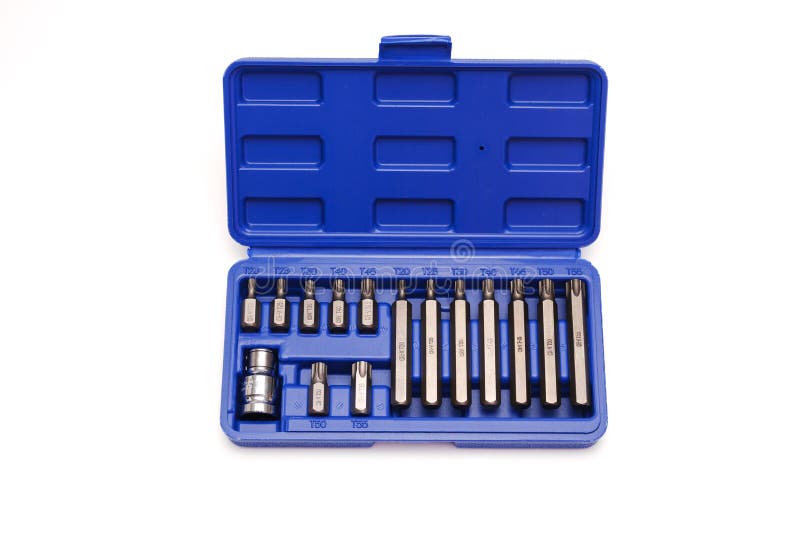 A Set of Single-sided Chrome Steel Bits in a Blue Plastic Box Stock ...