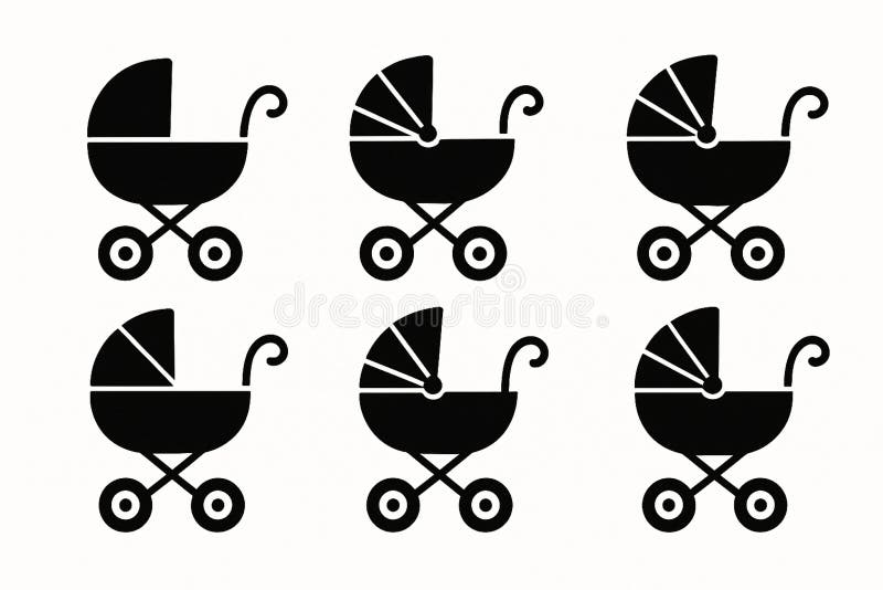 Black Baby Stroller Icons: Set of Six Variations Stock Vector ...