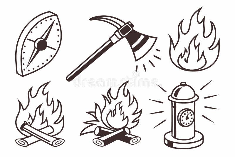 Set of Six Black and White Fire-related Vector Illustrations. Stock ...