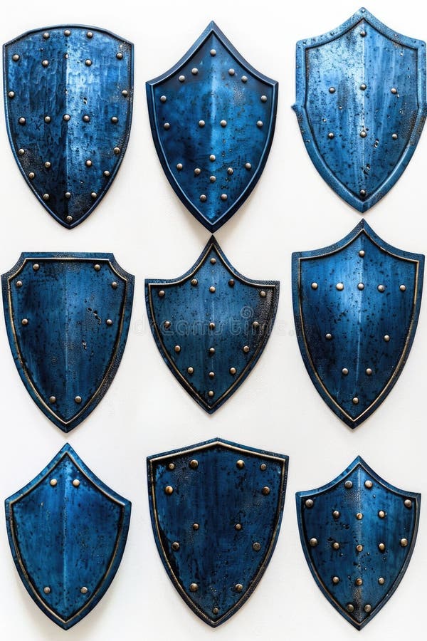 Set of Six Blue Metal Shields with Rivets, Ideal for Use in ...