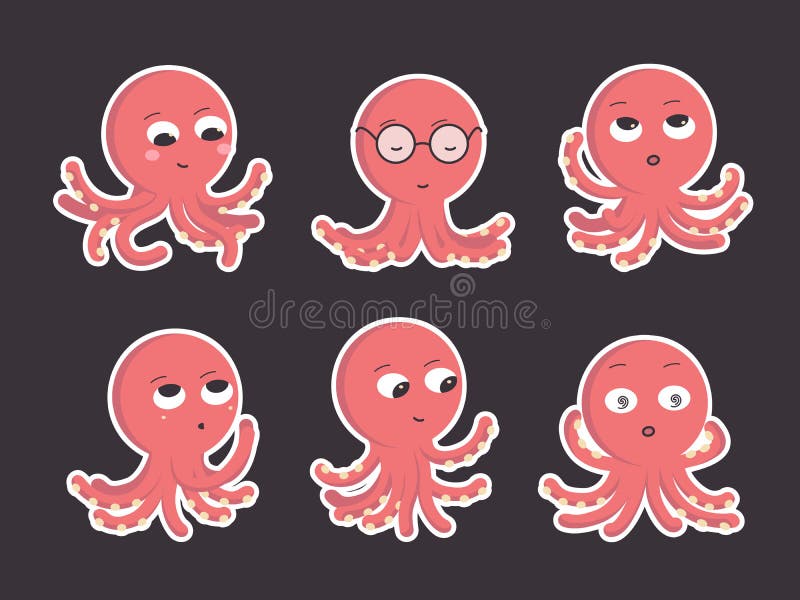 Set of Six Cartoon Red Octopus Characters in Different Poses and ...