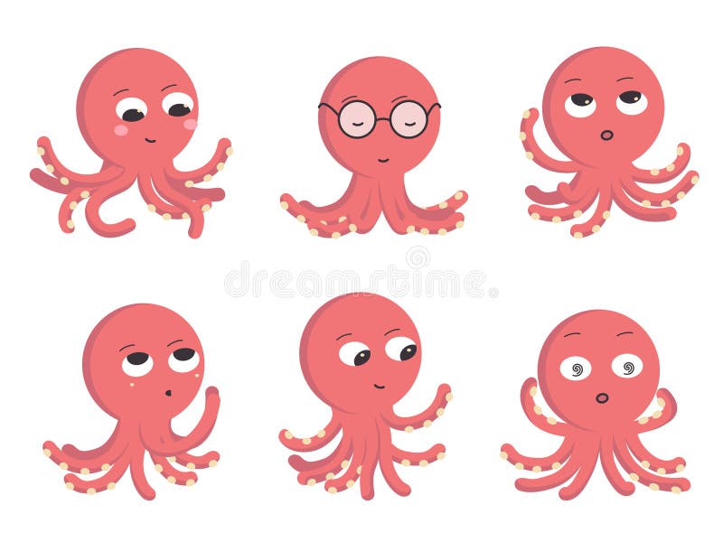 Set of Six Cartoon Red Octopus Characters in Different Poses and ...