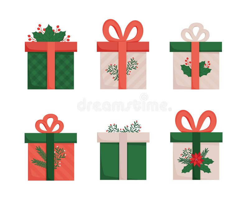 Set of Six Christmas Gift Boxes. Present Boxes with Christmas ...