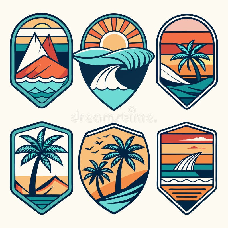Set of Six Colorful Summer Themed Badges with Different Beach and Ocean ...