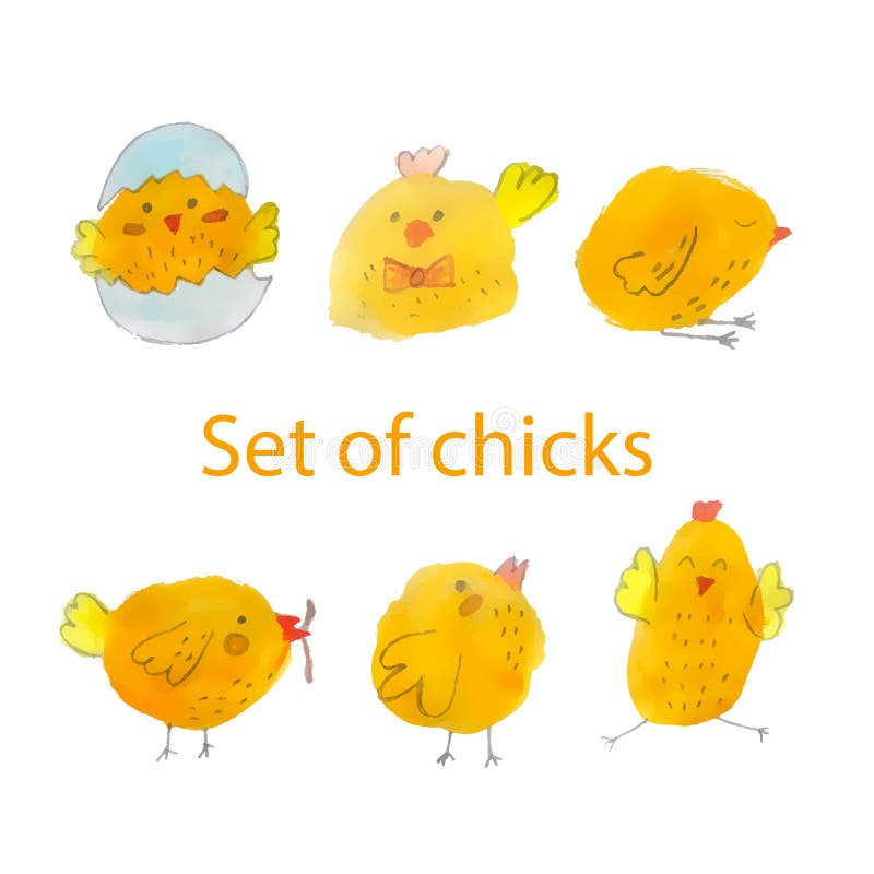 Set of Six Cute Yellow Watercolor Chickens Stock Vector - Illustration ...