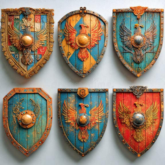 Collection of Six Decorative Shields with Eagle Emblem Design Stock ...