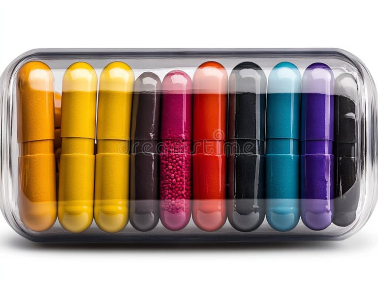 A Set of Six Different Colored Pens in a Clear Container Stock Photo ...