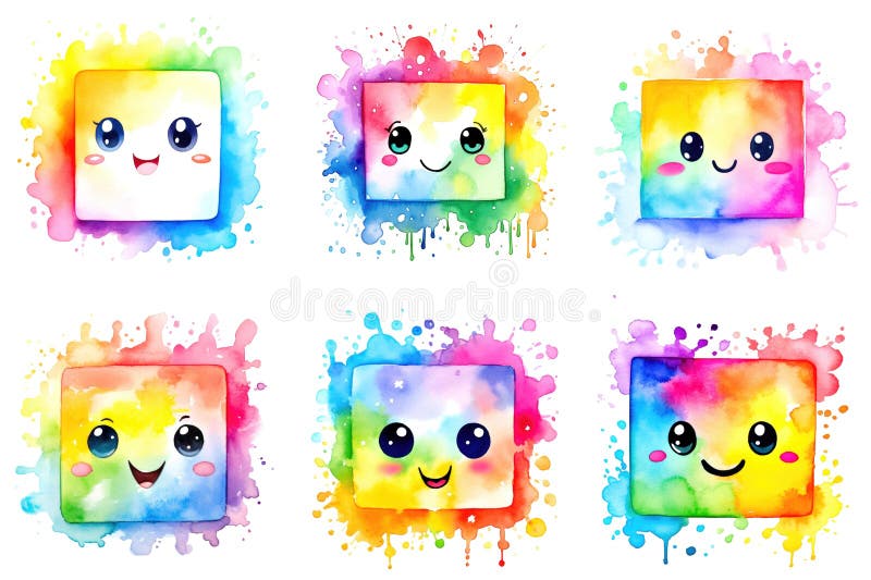 A Set of Six Different Colored Square Faces, Watercolor Clipart on ...