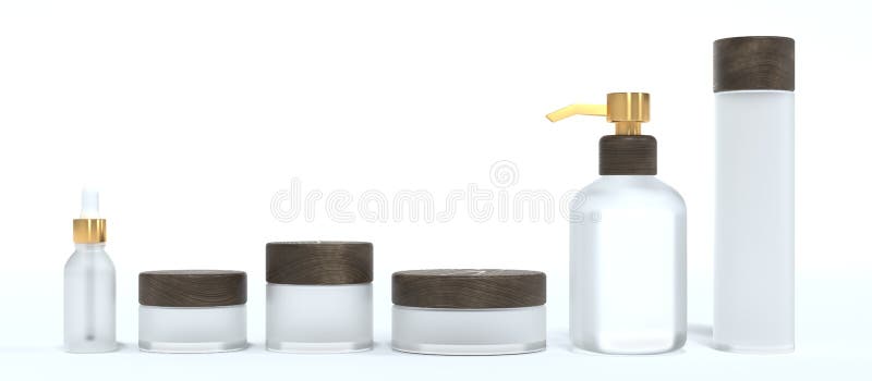 Set Of Six Different Frosted Glass Cosmetic Cream Jars And Bottles With