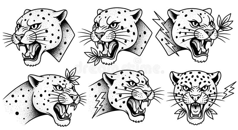 Fierce Leopard Head Illustrations Traditional Tattoo Style Stock ...