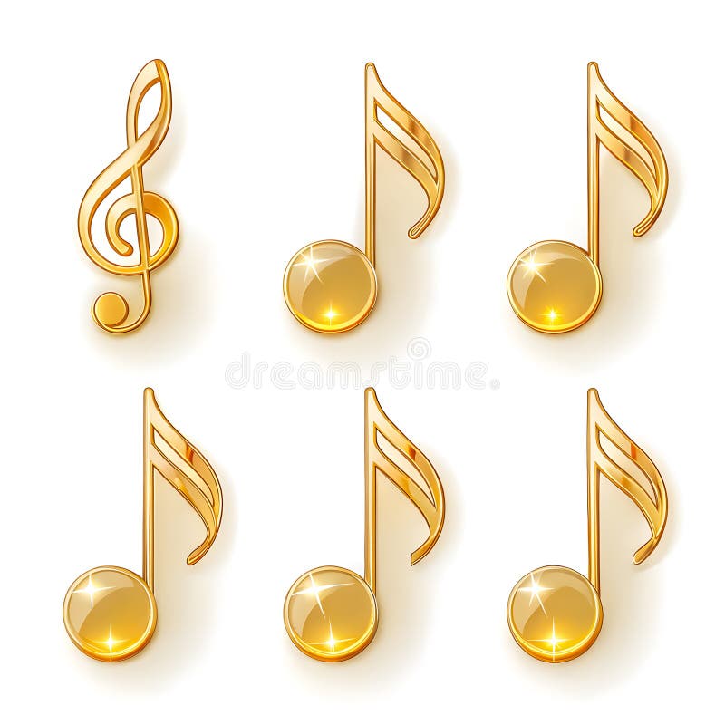 A Set of Six Golden Musical Notes and a Treble Clef Icons Stock ...