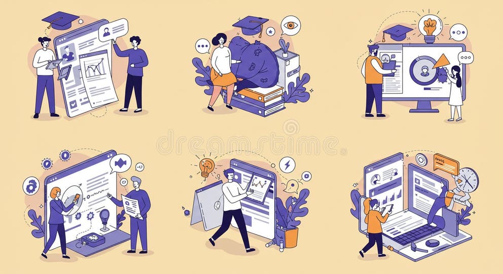 A Set of Six Illustrated Scenes Featuring People Interacting with ...