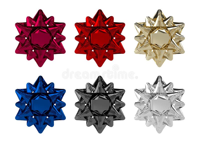 Set of Six Isolated Shiny Decorative Bows in Different Colors. 3d ...