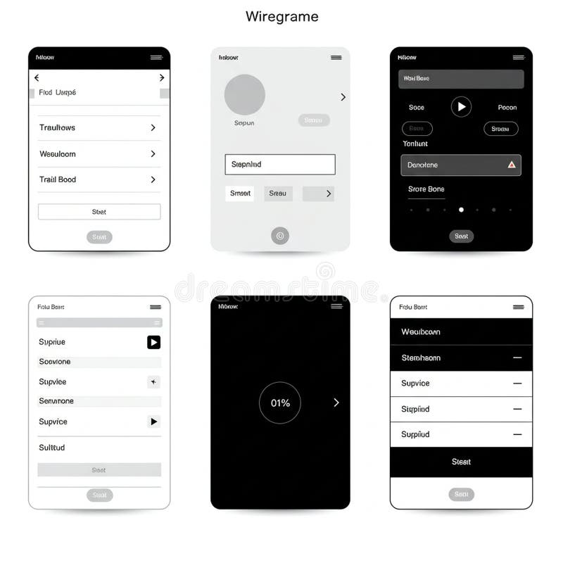 A Set of Six Mobile App Wireframe Designs, Showcasing a Minimalistic ...