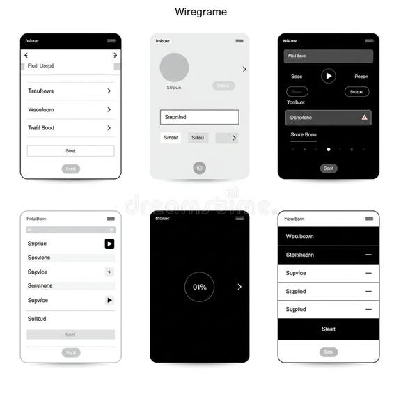 A Set of Six Mobile App Wireframe Designs, Showcasing a Minimalistic ...