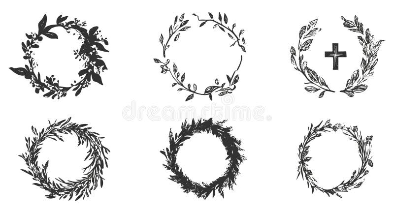 Set of Six Monochrome Floral Circular Frames with Leaves and Nature ...
