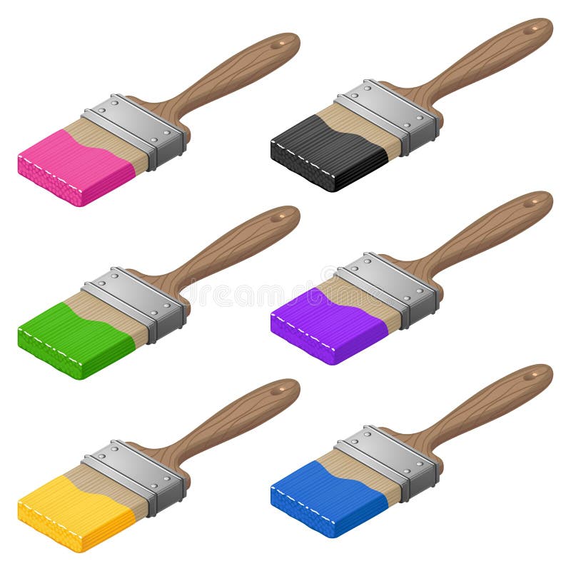 A Set of Six Paint Brushes, Dipped in Paint of Different Colors, in ...