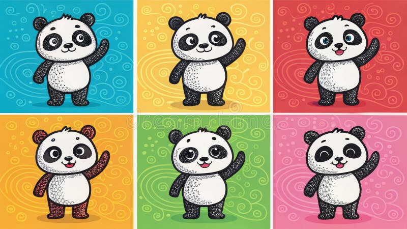Set of Six Panda Bears are Standing in a Row, Each with a Different ...