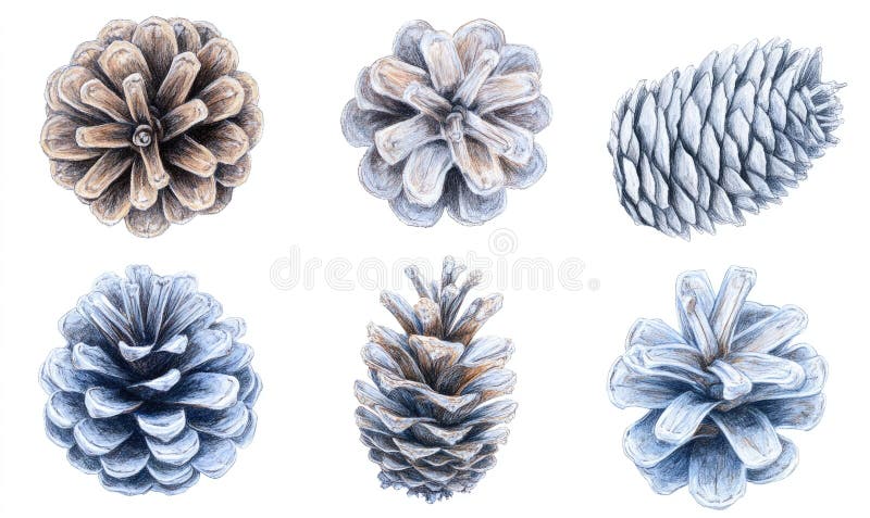 A Set of Six Pine Cones, Each with a Different Color and Texture Stock ...