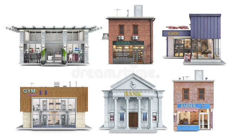 Set of Six Public Buildings in Different Styles and Color Schemes Stock ...