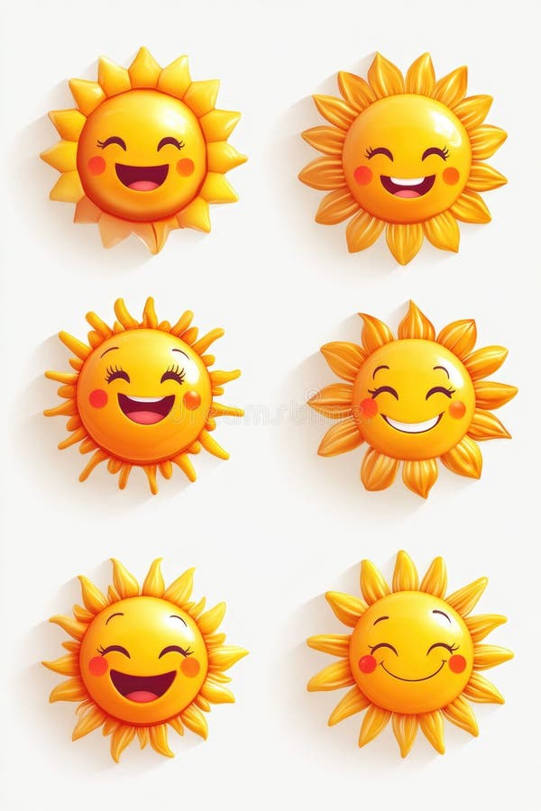 Set of Six Smiling Suns with Big Eyes and Lips Stock Photo - Image of ...