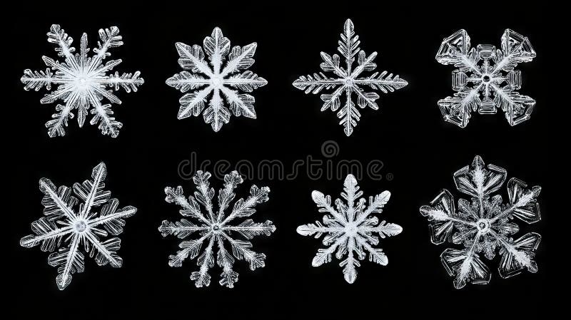 A Set of Six Snowflakes on a Black Background Stock Image - Image of ...