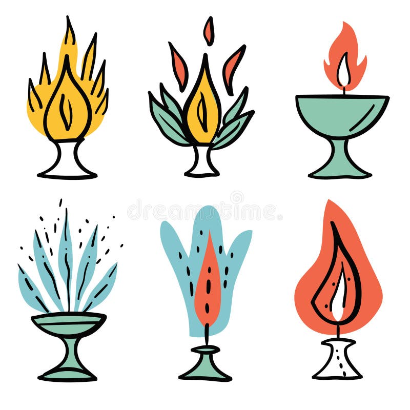 Set Six Stylized Flame Illustrations, Cartoon Flames Various Shapes ...